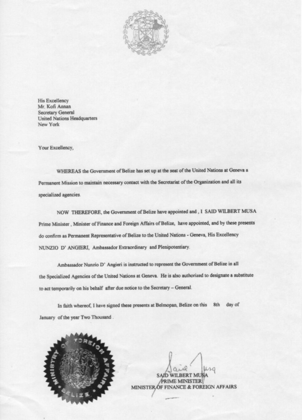 Credential Letters - H.E. Ambassador Nunzio Alfredo D'Angieri